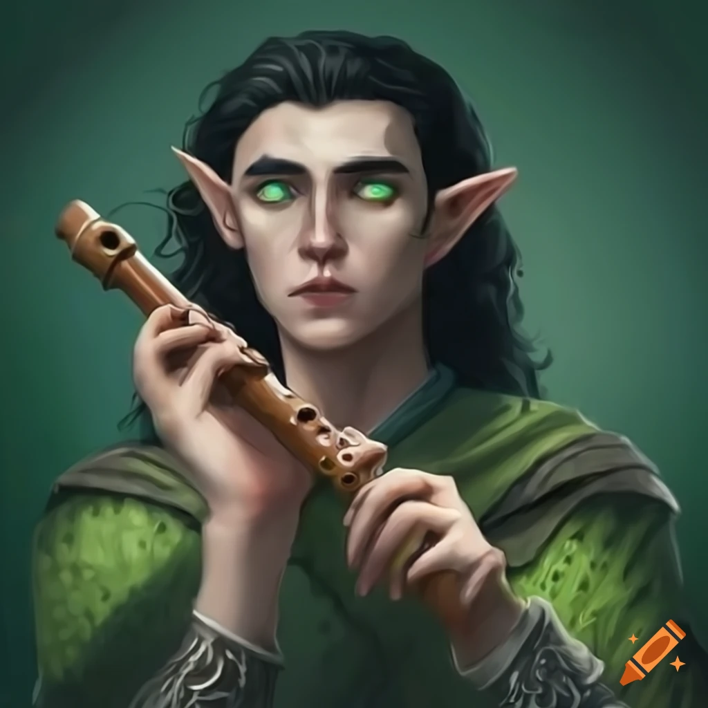 Male half-elven bard playing a recorder flute with black hair and green ...