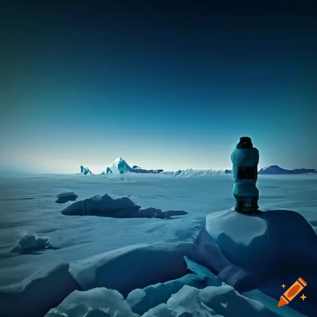 Vast icy expanse in antarctica with dark mountains under a dim, cold ...