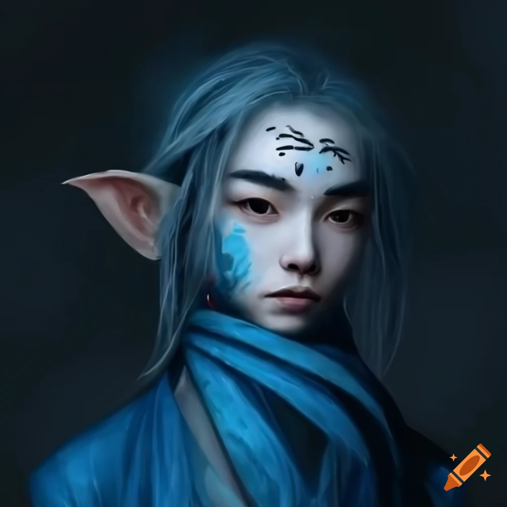 Ethereal chinese elf in blue robes with wings and face paint on Craiyon