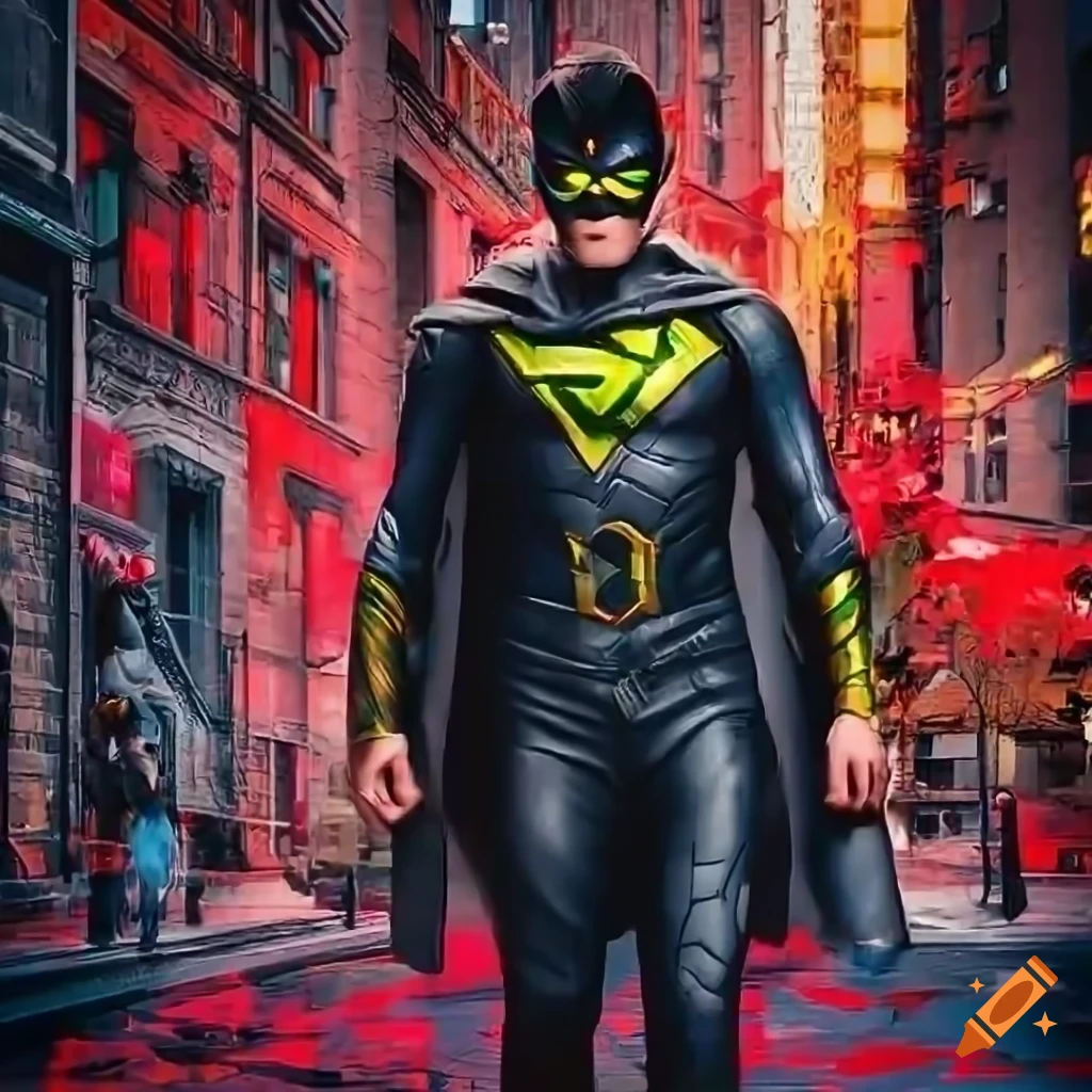 OC superhero posing dramatically in a cinematic NYC street scene on Craiyon