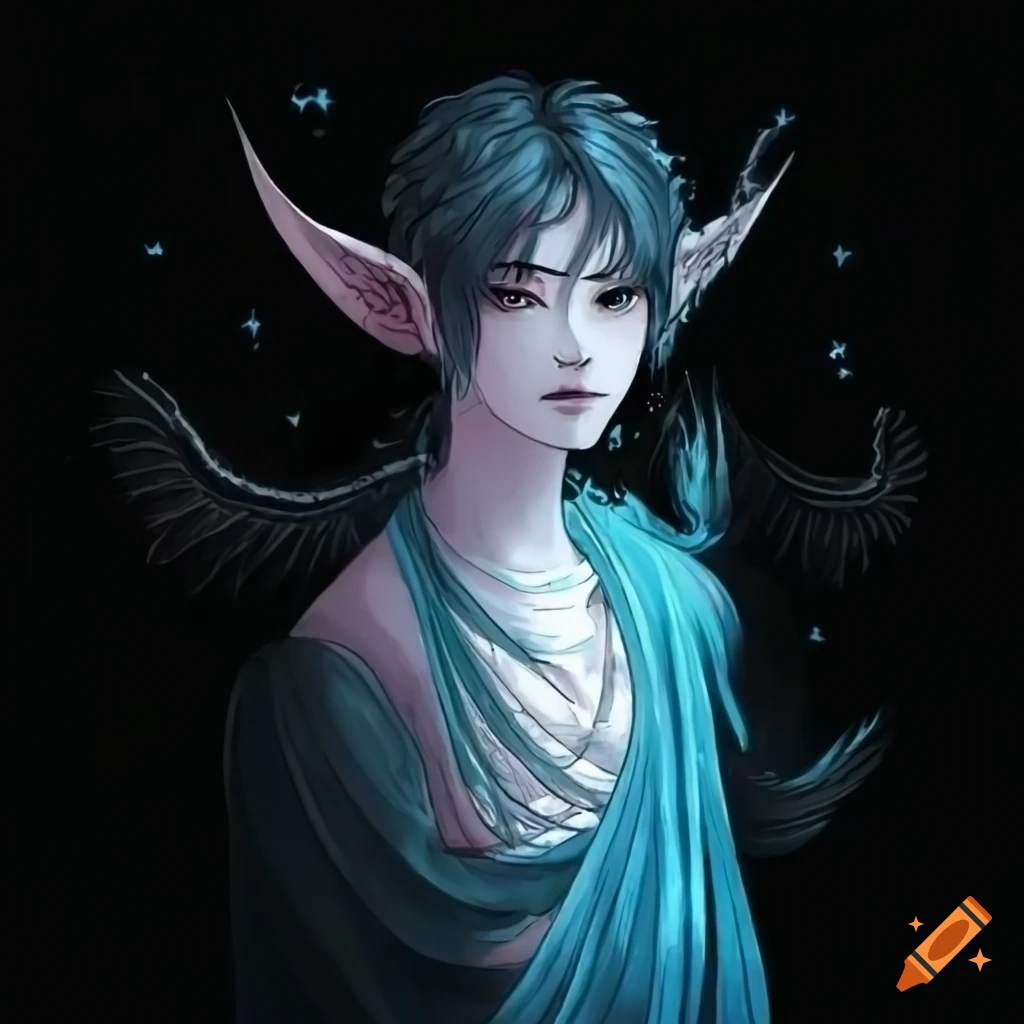 Ethereal young chinese elf with large wings and blue robes on Craiyon