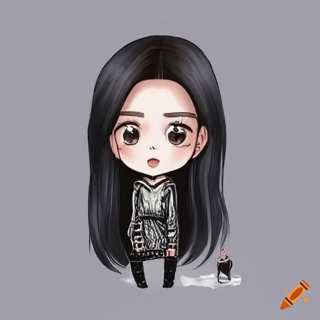 Blackpink jisoo with long black hair in chibi style full body on Craiyon