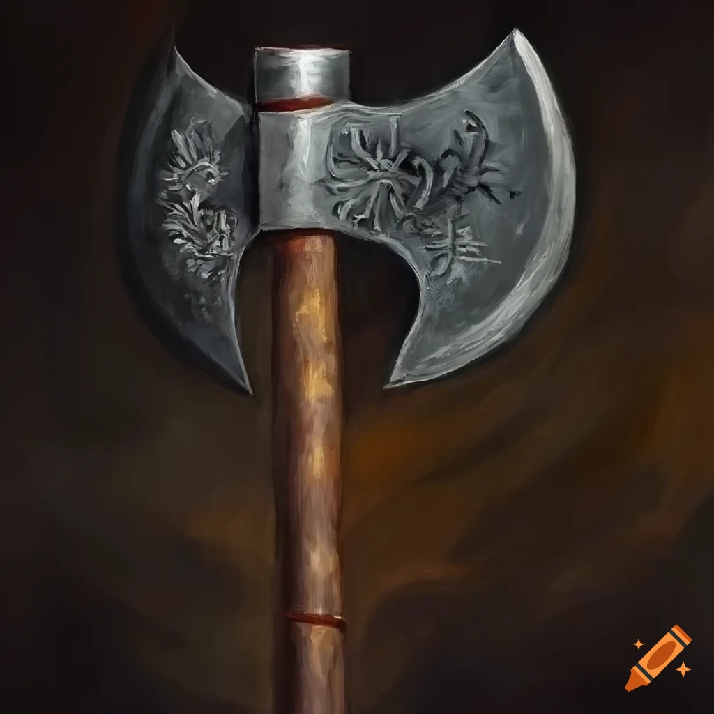 Medieval battle axe with a spikey blade in an oil painting style on Craiyon