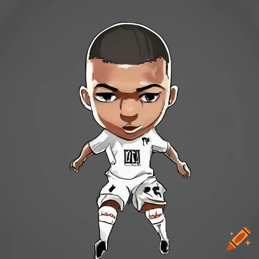 Kylian Mbappe in white pants in a chibi style full body design on Craiyon