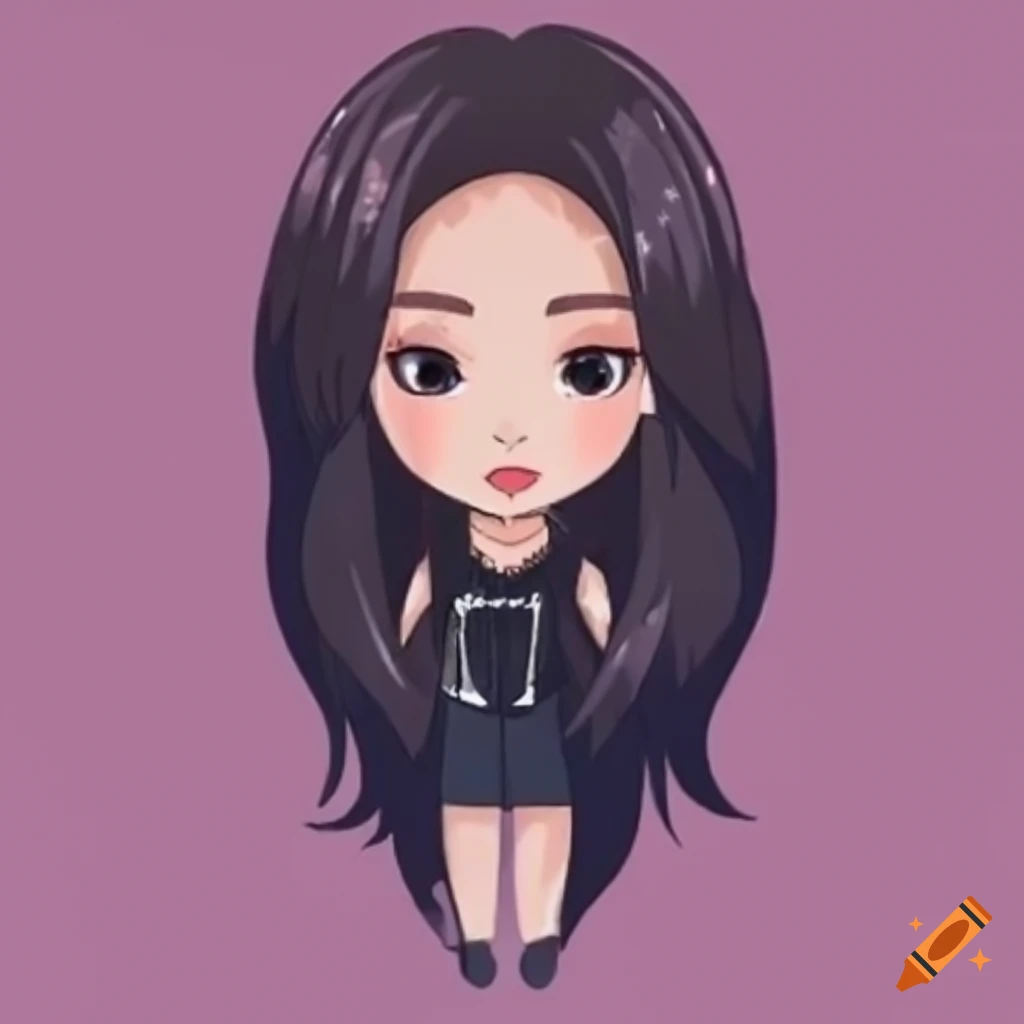 Chibi depiction of blackpink jennie with long black hair on Craiyon
