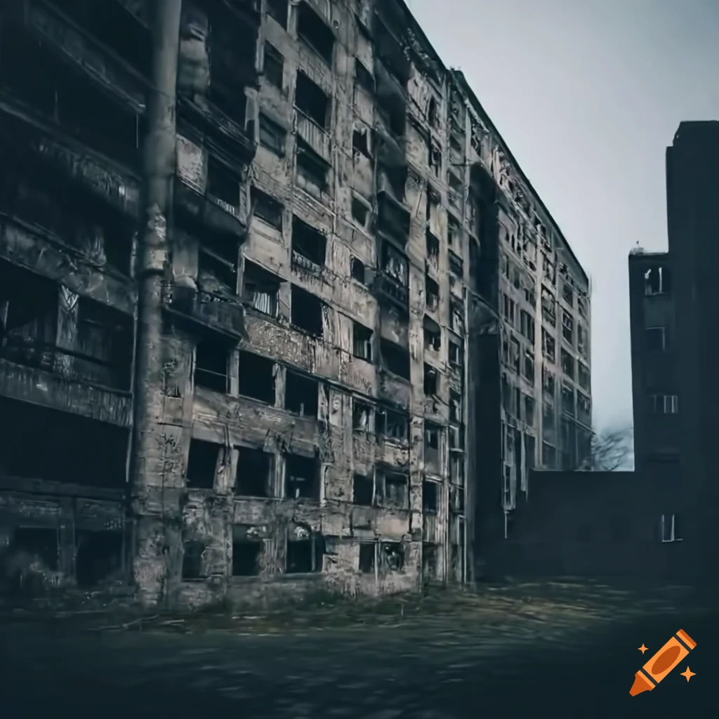 Abandoned kilometers-long apartment building with opaque windows under ...