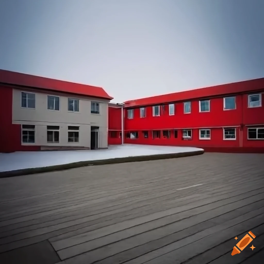 Grey and brown two-storey school buildings with a yard in the middle on ...