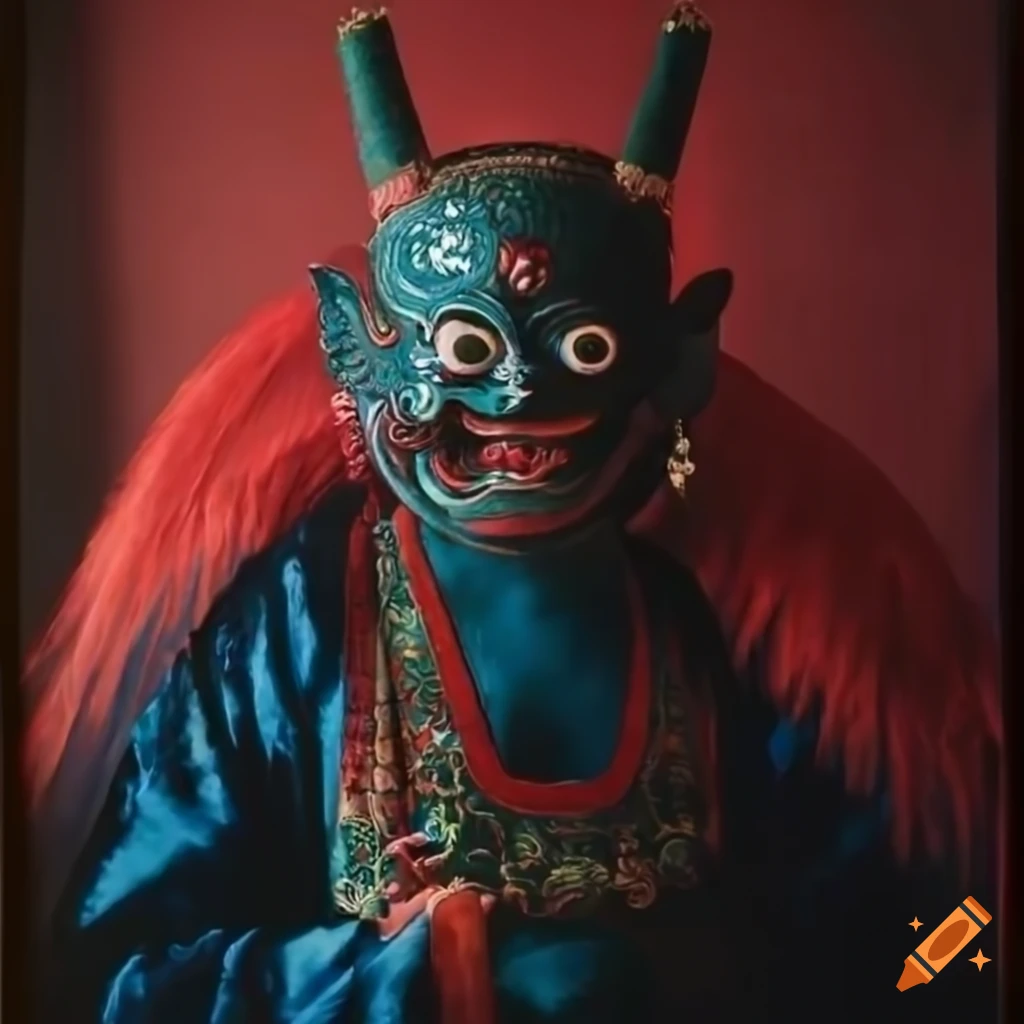 Chinese demon in blue and black robes with feathered cape and holding a ...