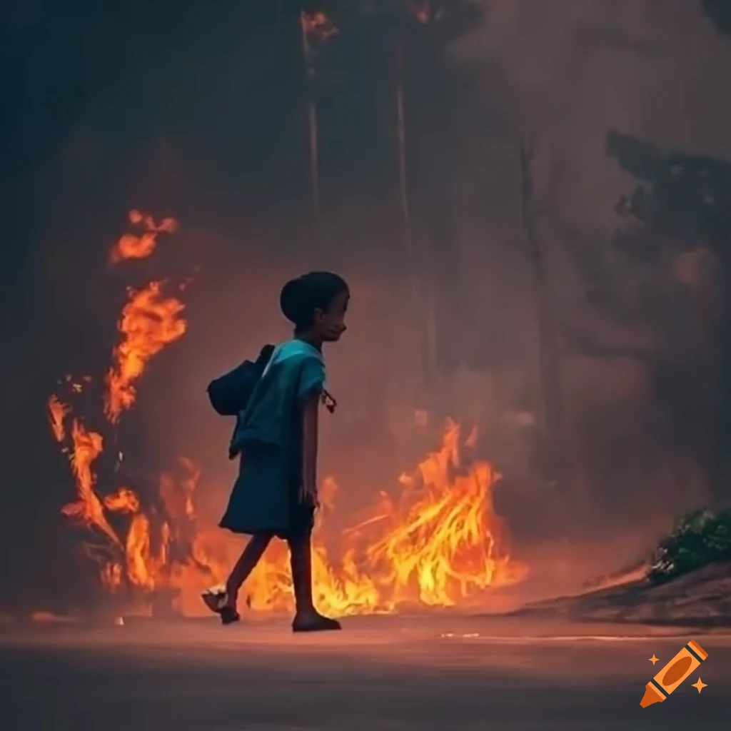 Chiang Rai Children walking on road with forest fires and PM2.5 smoke ...