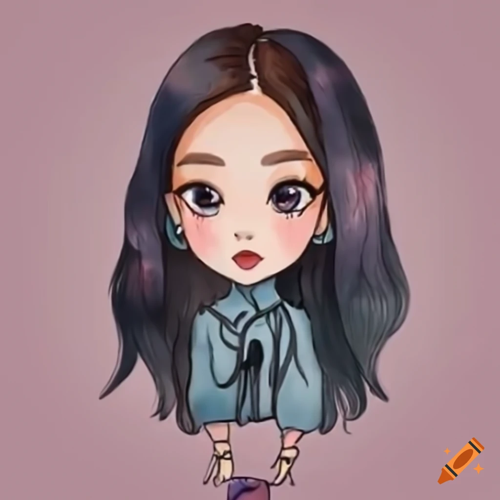 Chibi drawing of Blackpink Jennie with long black hair on Craiyon