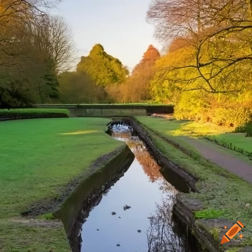 Gardens in Knighton park, Leicester, England with a stream at sunset on ...
