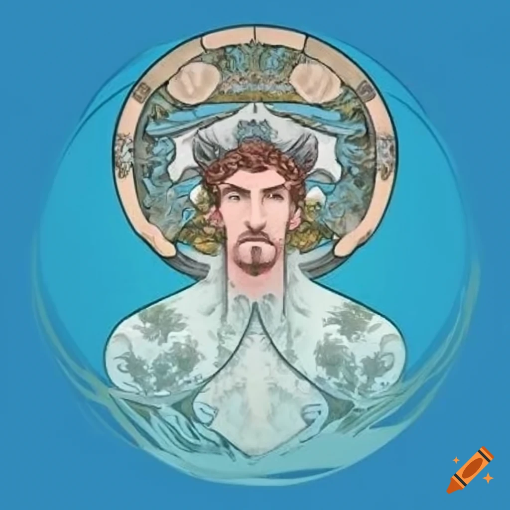 Alfons Mucha artwork of a somber male god in blue-gray tones on Craiyon
