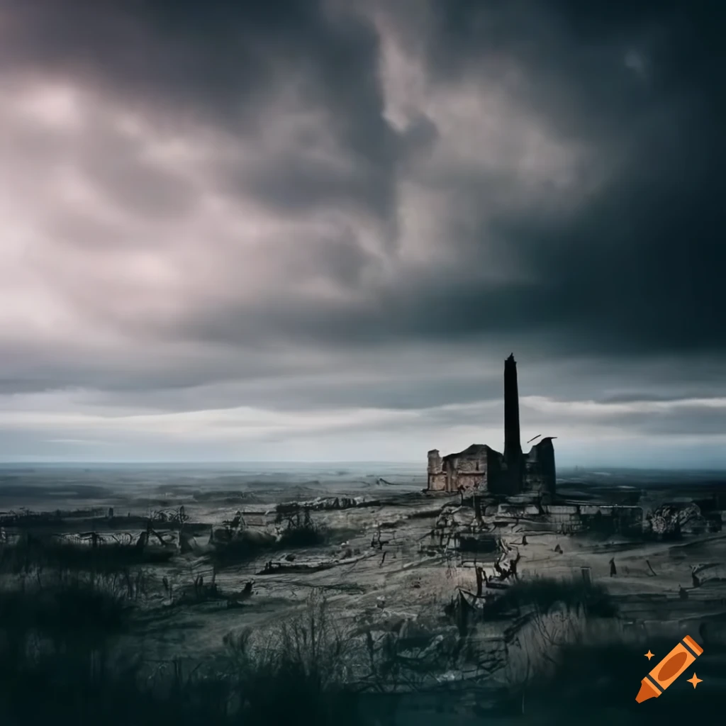Dramatic post-apocalyptic landscape with desolate ruins and dramatic ...