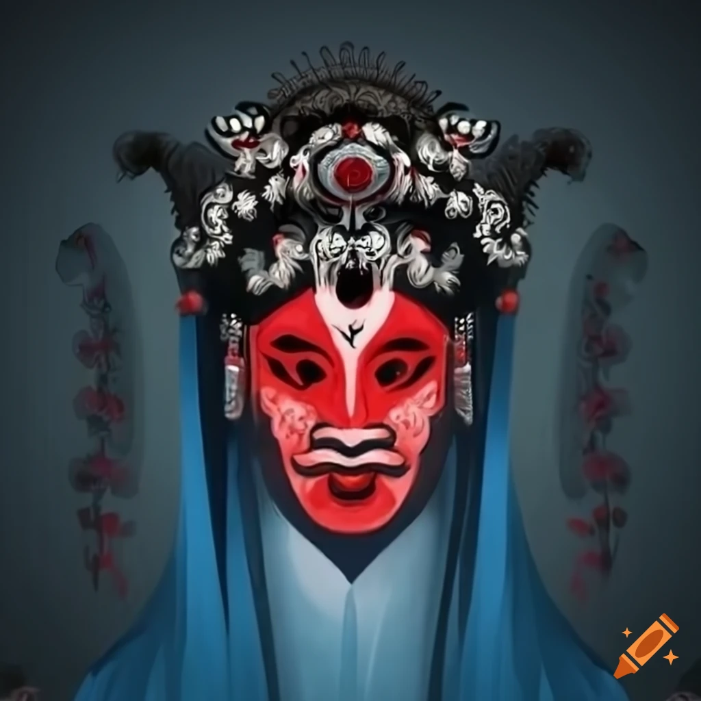 Chinese opera performer with a demon face mask and dramatic attire on ...