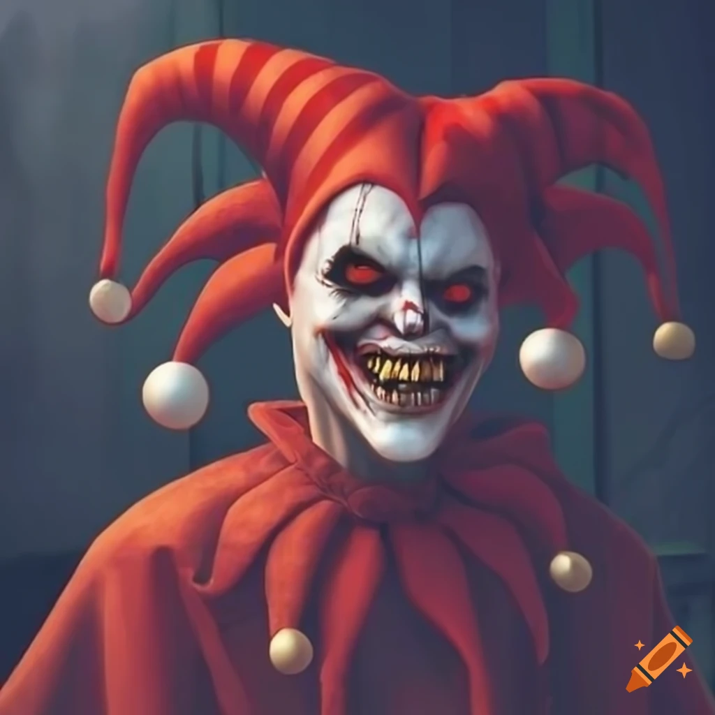 Scary jester with white eyes, red hat, and yellow teeth behind a window ...