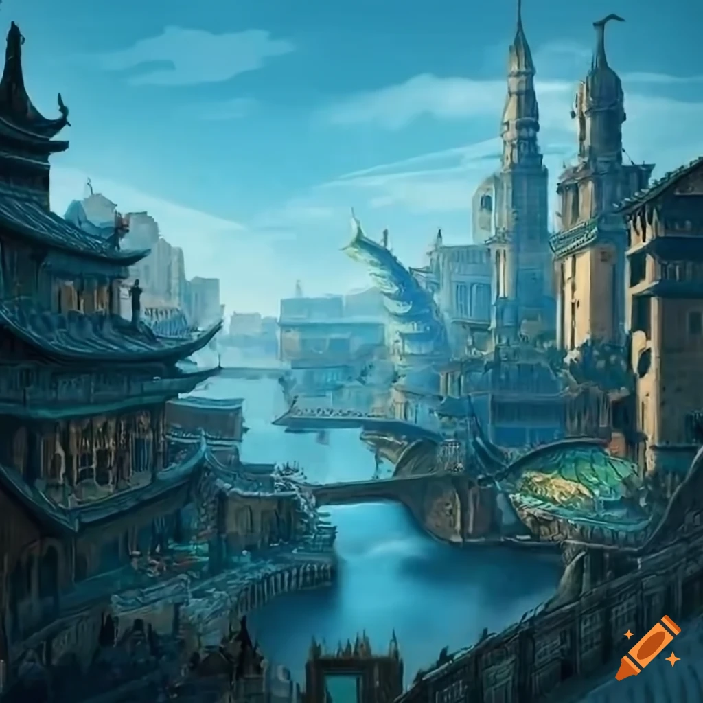 Medieval city with dragon flying over citizens, narrow streets, and ...