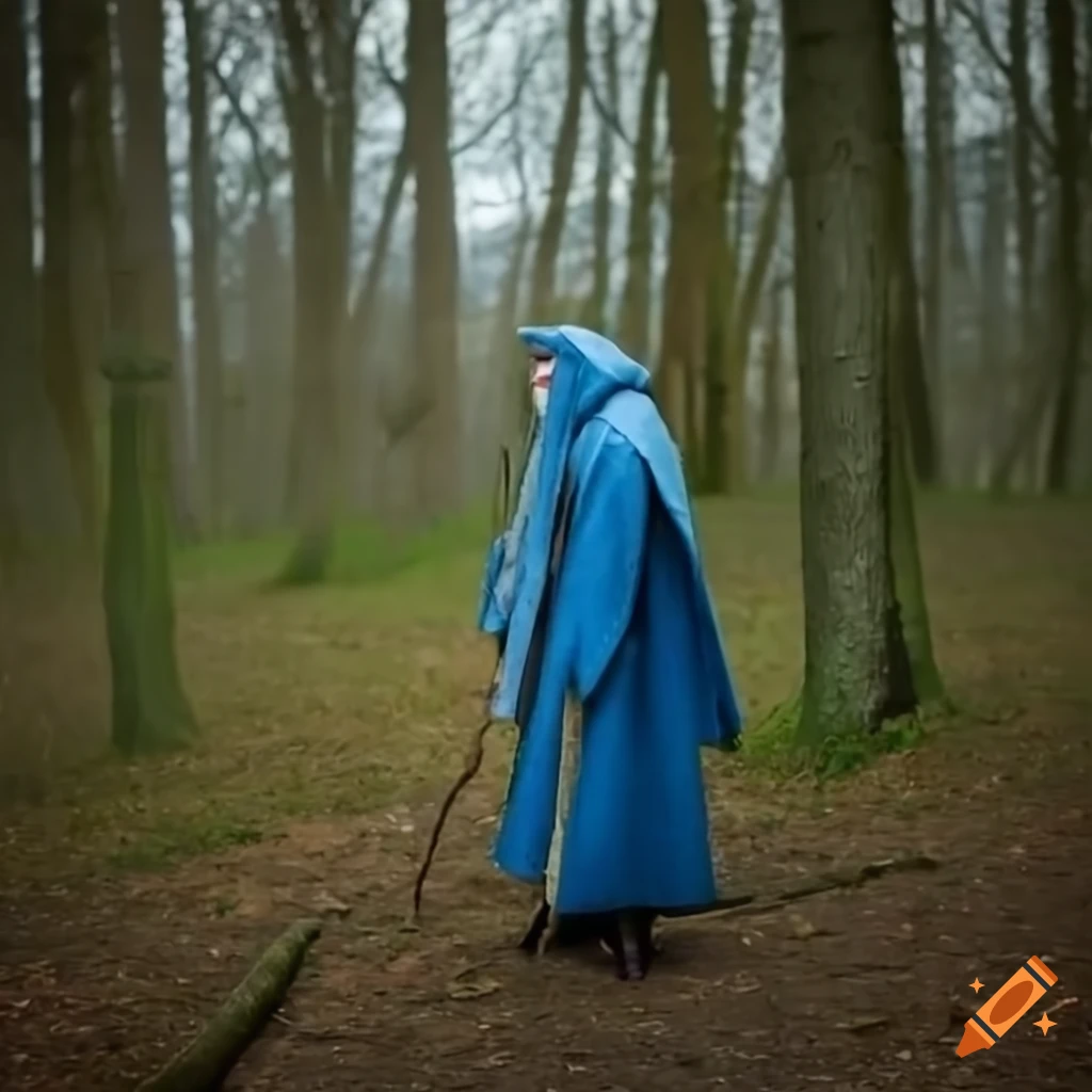 Sad wizard in blue robes walking towards an old tower in the woods on ...