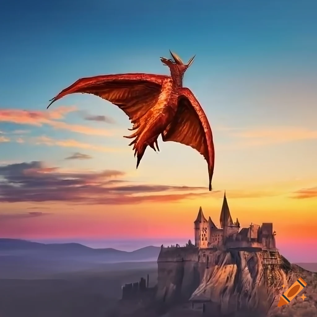 Giant dragon flying over an old castle at sunset in a high-quality ...