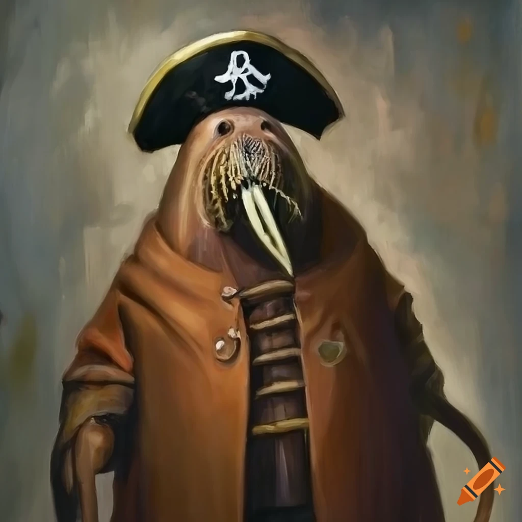 Walrus pirate in a brown overcoat depicted in an oil painting on Craiyon