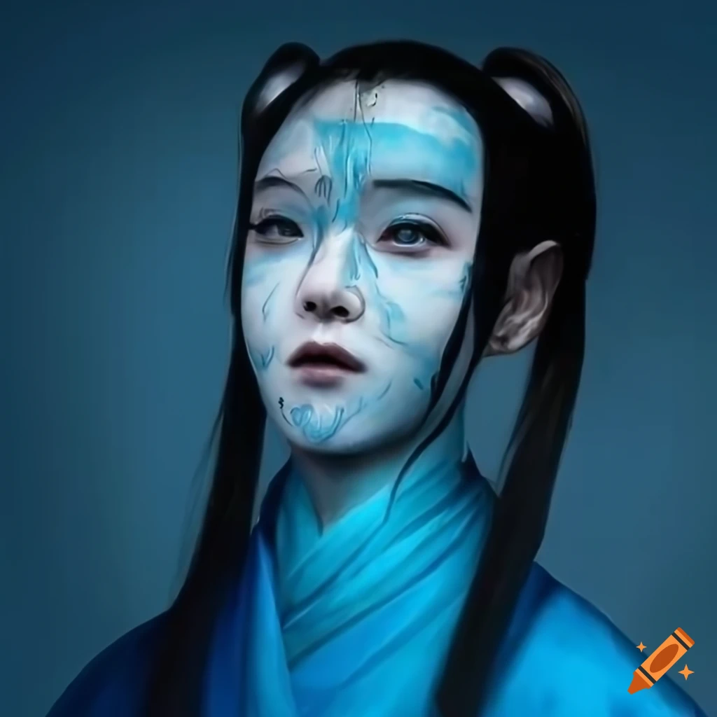 Ethereal depiction of a chinese elf in traditional blue robes with face ...