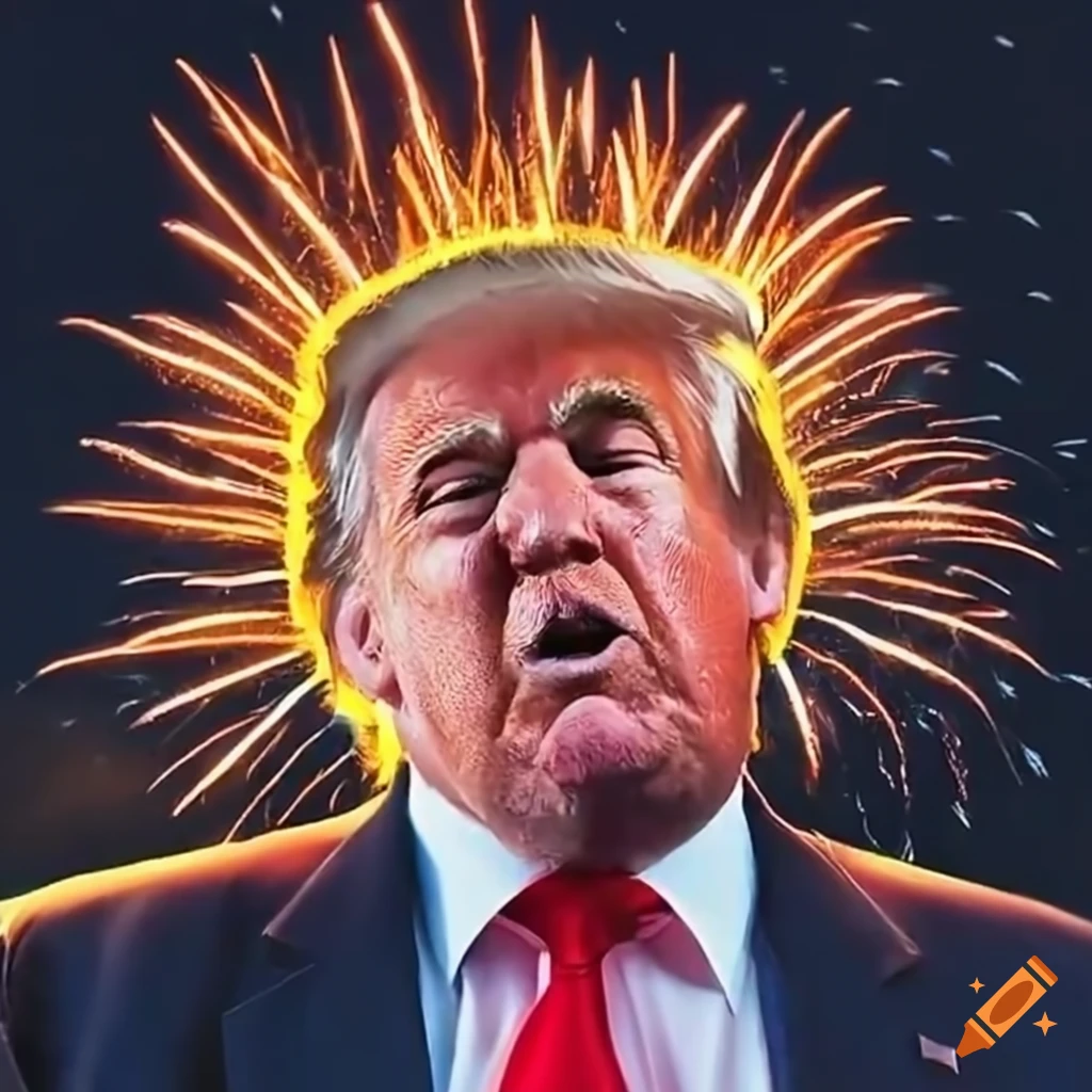 Satirical image of a man riding an eagle shooting fireworks under a ...