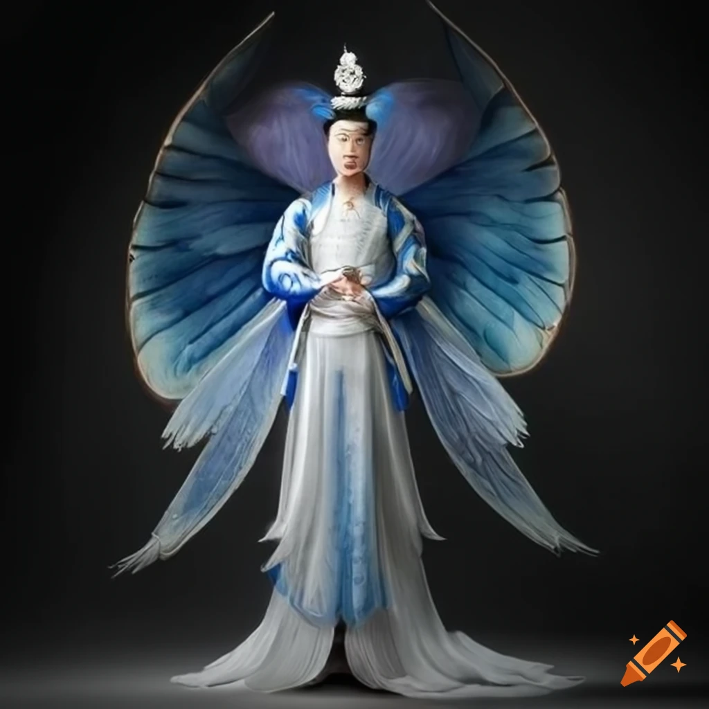 Male Chinese fae creature in royal garb with wings and blue accents on ...