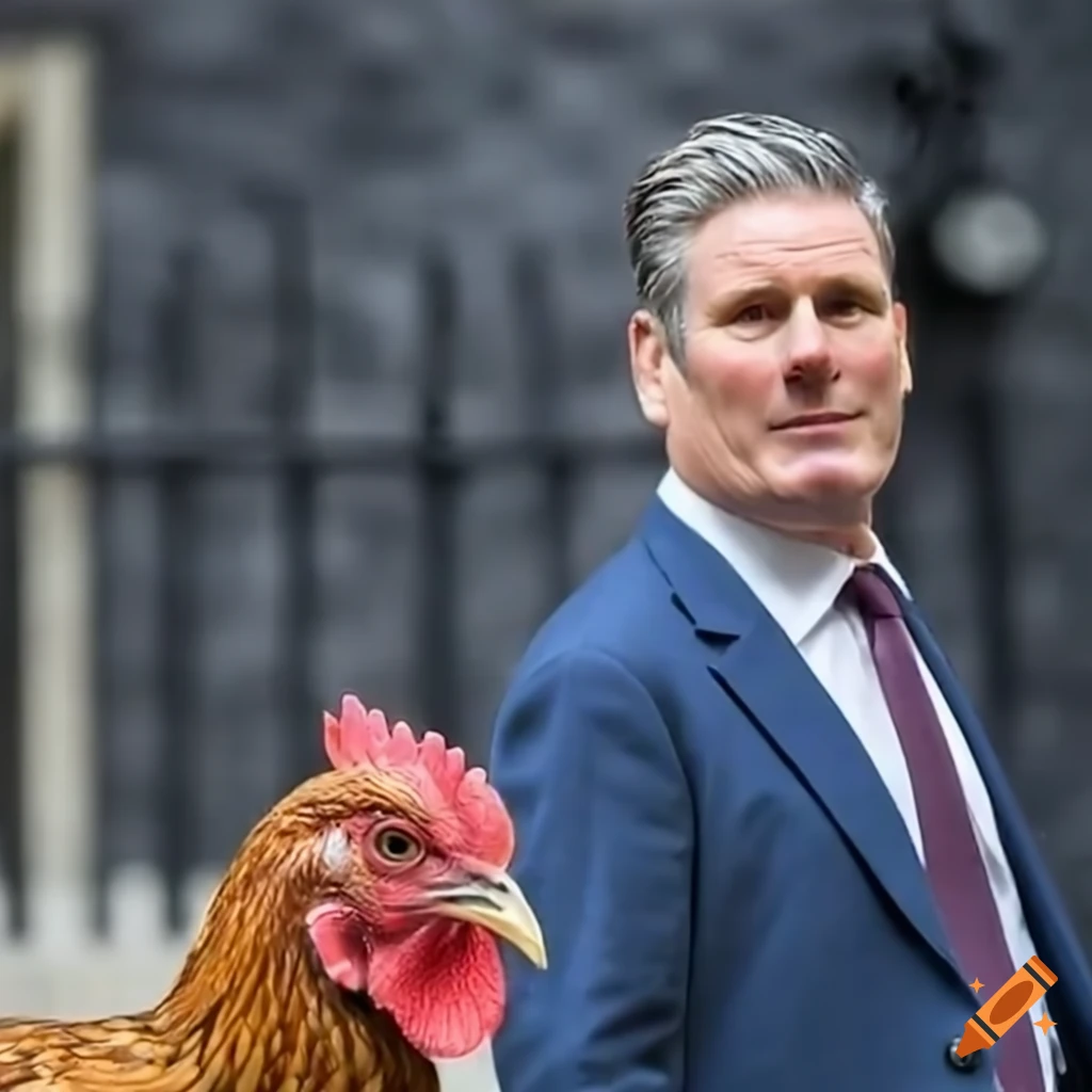Satirical image of Keir Starmer outside Downing Street with a chicken ...