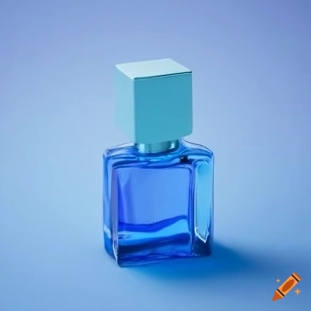 Square perfume bottle with light blue liquid on Craiyon