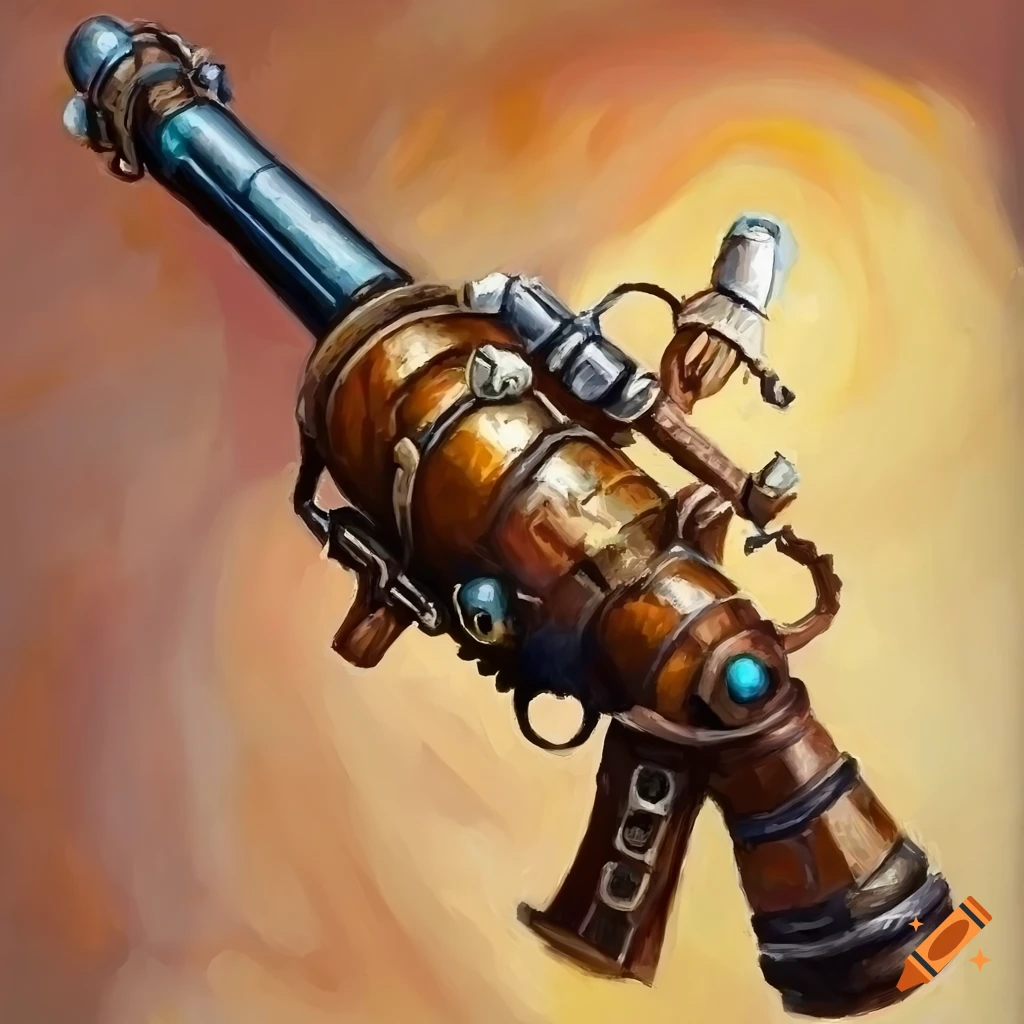 Medieval steampunk grenade launcher in oil painting style on Craiyon