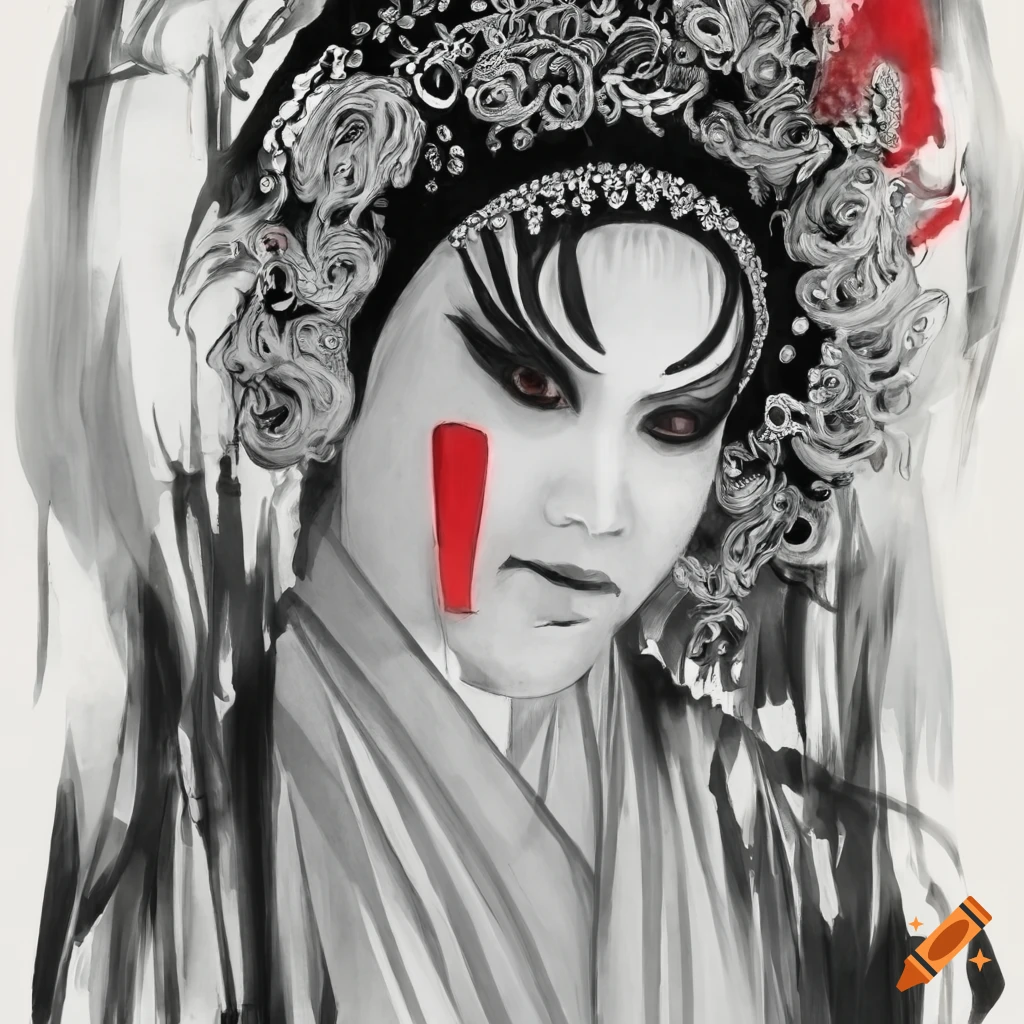 Male chinese opera performer in dramatic demon face mask and blue robes ...