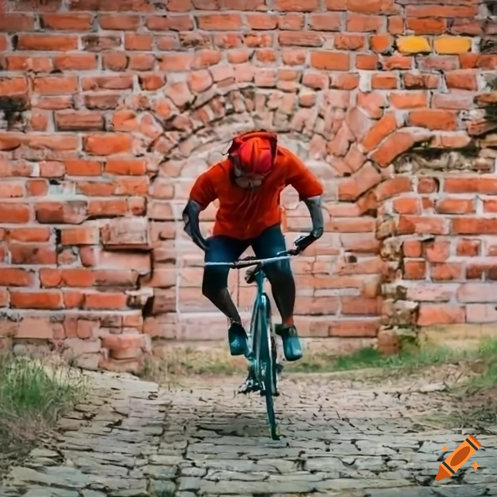 Man cycling fast and colliding with a brick wall in the countryside on ...