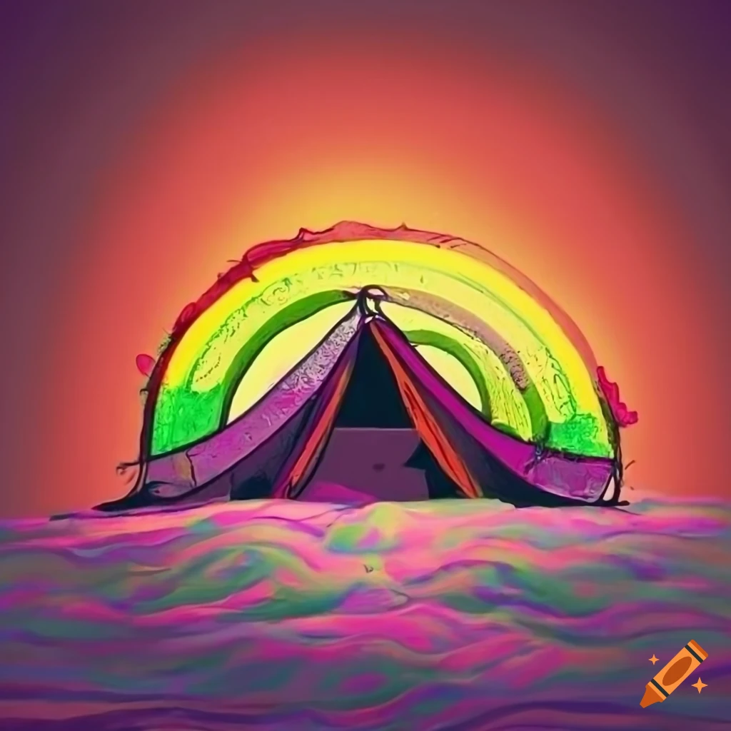 Logo art for a hippie rave party with beautiful people, tents, fire ...