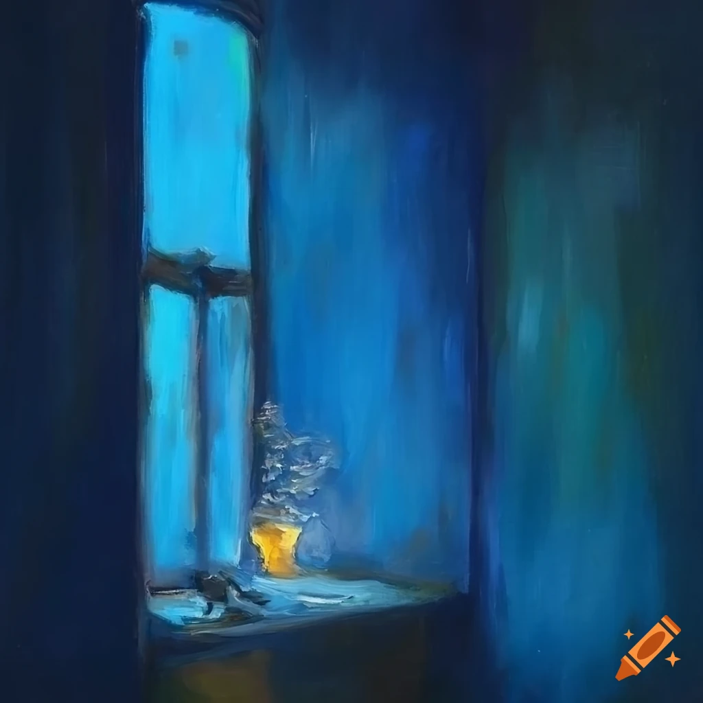 Ambient blue light over a window in an oil painting on Craiyon