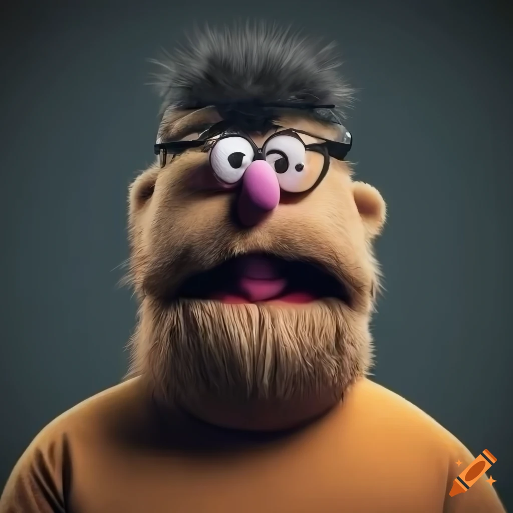 Happy man with black hair, beard, and glasses next to a muppet on Craiyon