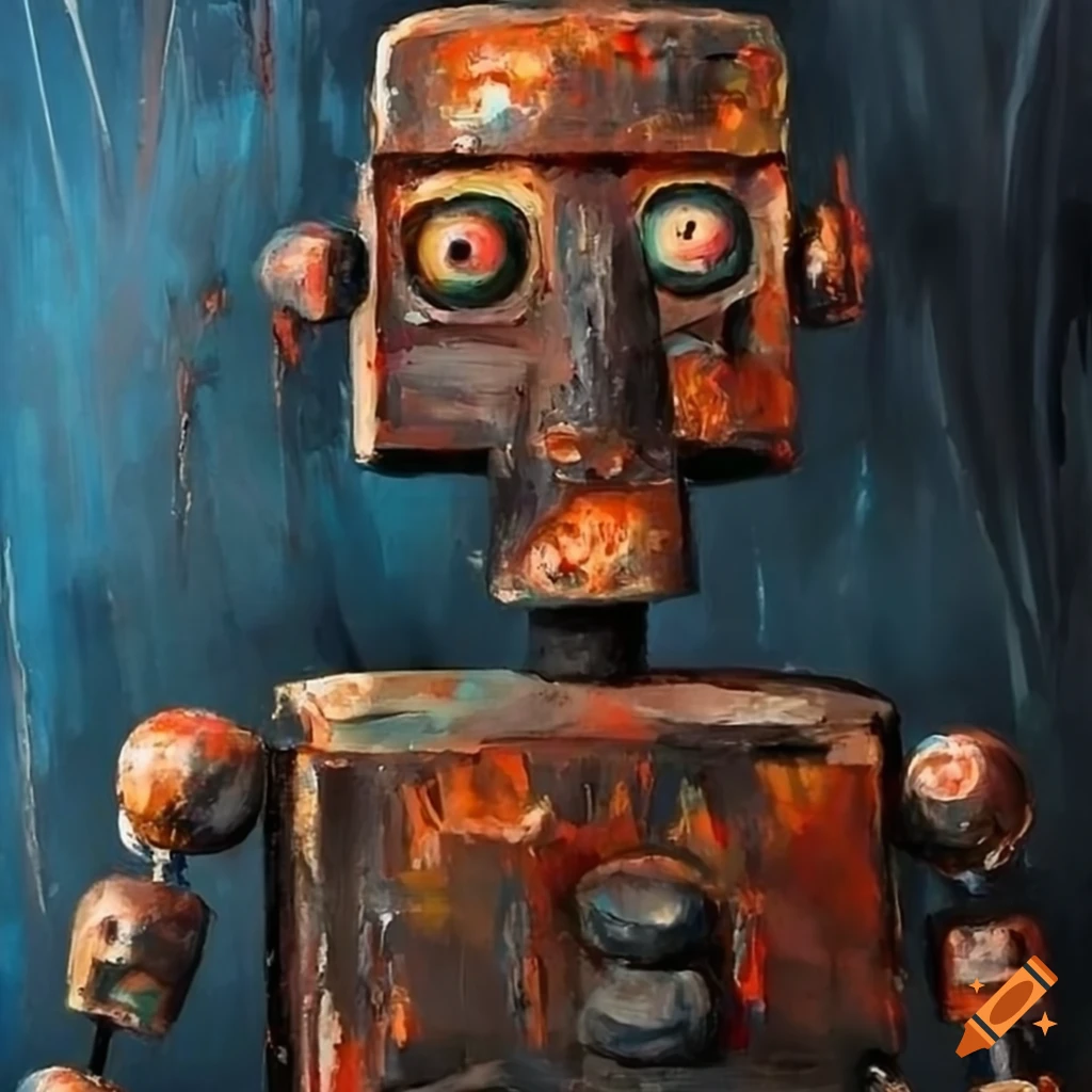 Rusty atomic age robot painted in thick black oil paint with a palette ...