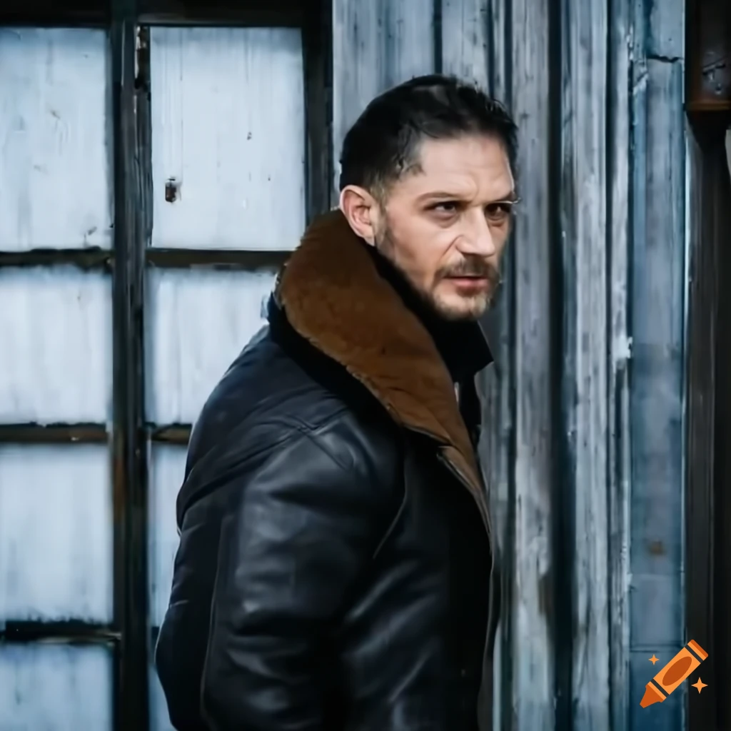 Young tom hardy lookalike in brown sheepskin jacket and black leather ...