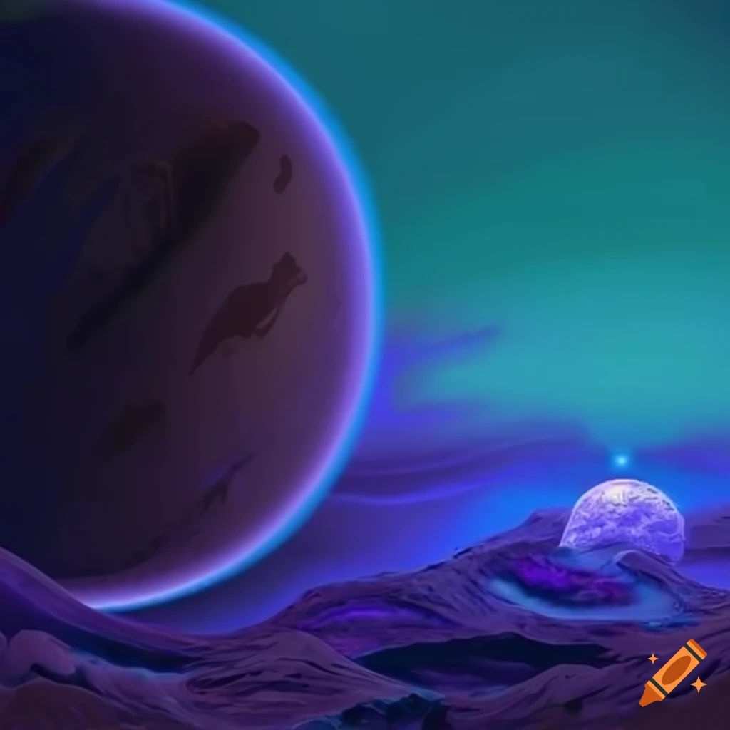 Alien planet with vibrant blue glowing flora and rocky terrain on Craiyon