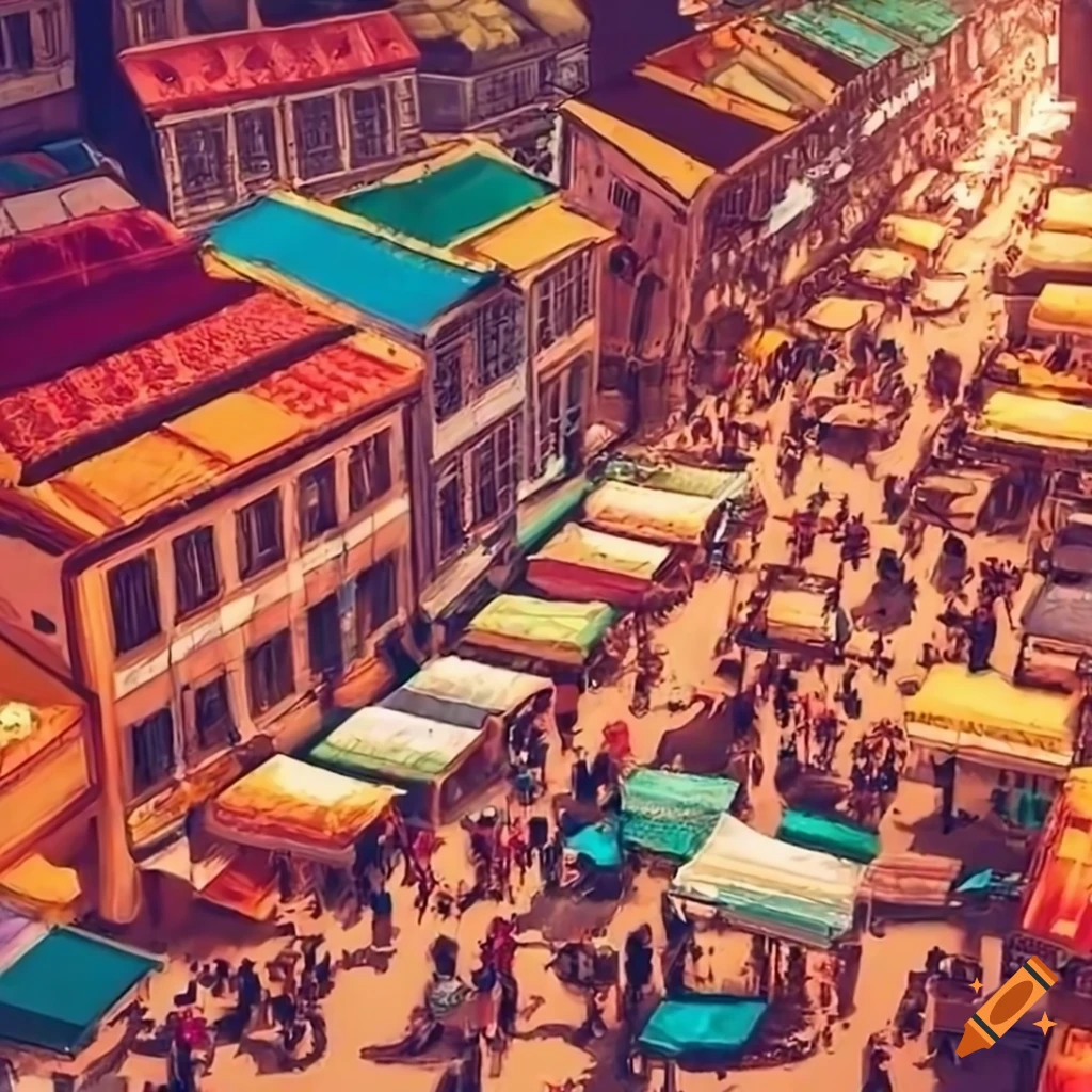 Aerial view of a bustling city street market with vibrant stalls and ...