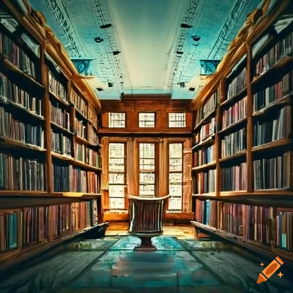 Library filled with books and wood, with a view of nature through a ...