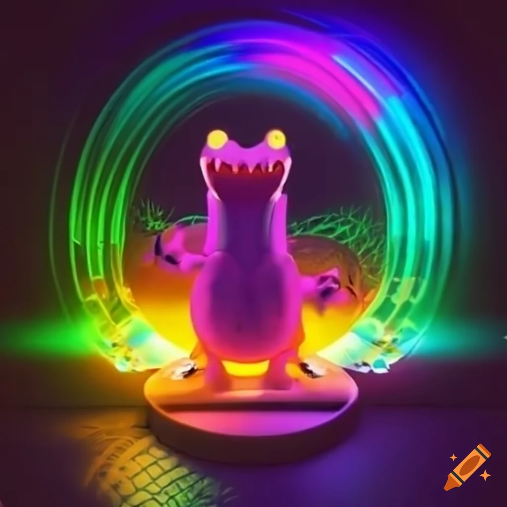 Alligator with glow sticks at a rave in a 3D wide angle cinematic album ...