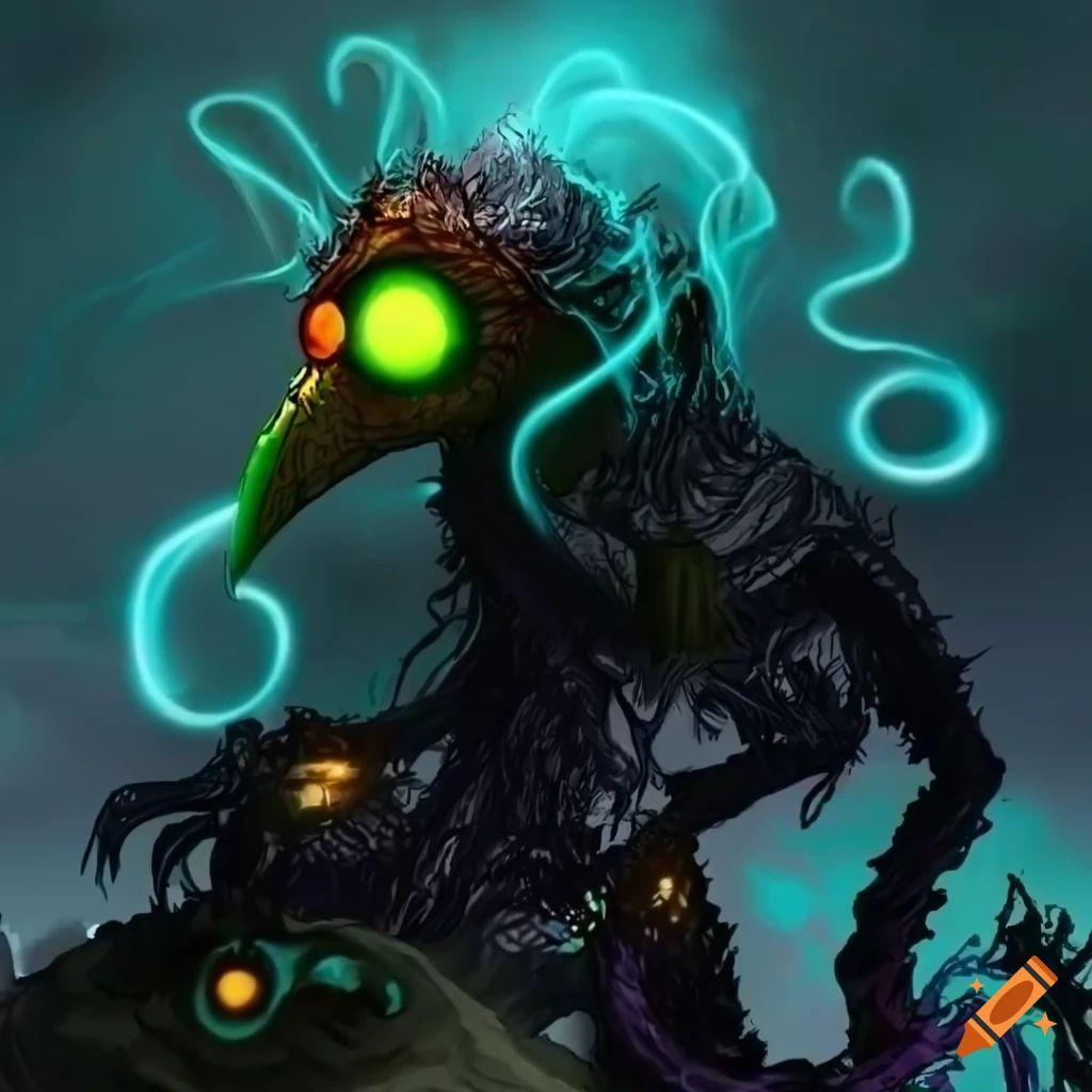 Eldritch smoke monster aberration with yellow eyes and a beak on Craiyon