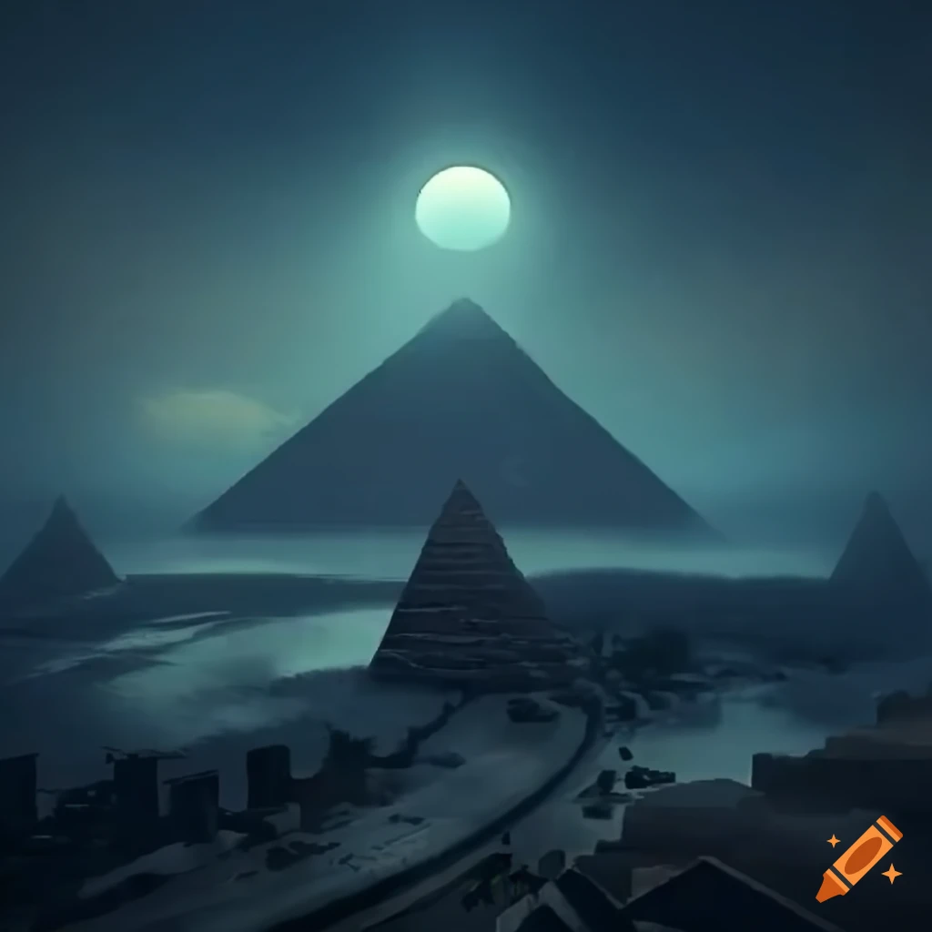 Upside-down architecture city with moving bridges and black colossal ...