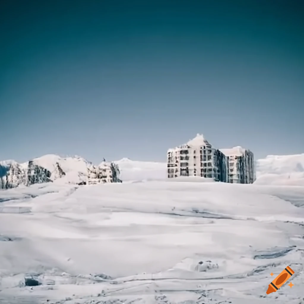 Snow-covered debris and ruined buildings in a snowy landscape on Craiyon
