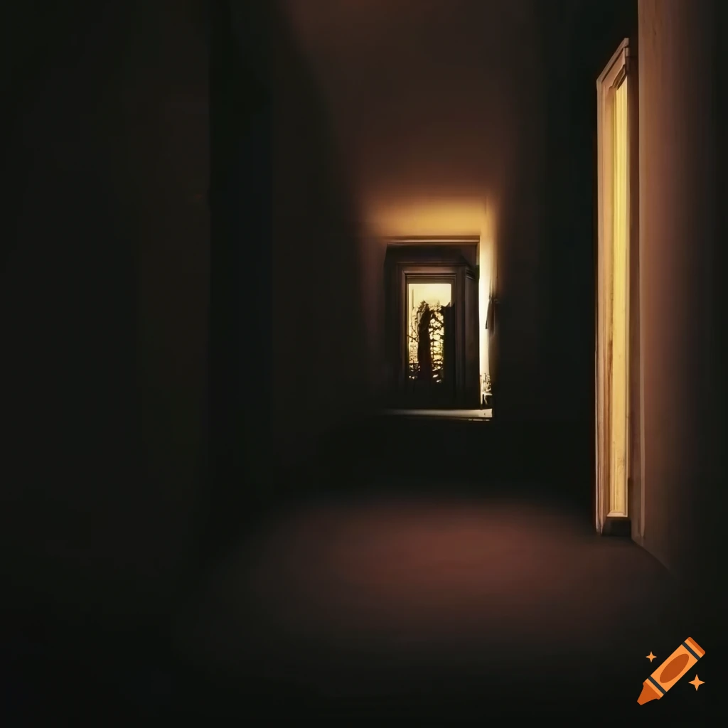 Dark hallway with flickering lights and eerie shadows on Craiyon