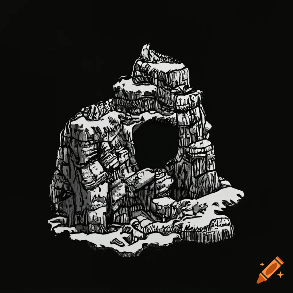 Black and white ink art of a cavern RPG map isometric icon on Craiyon