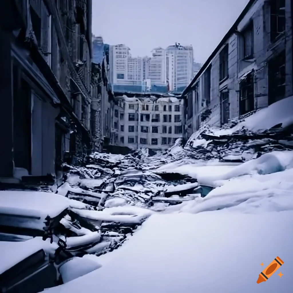 Debris in snowy landscape with ruined city street and collapsed ...