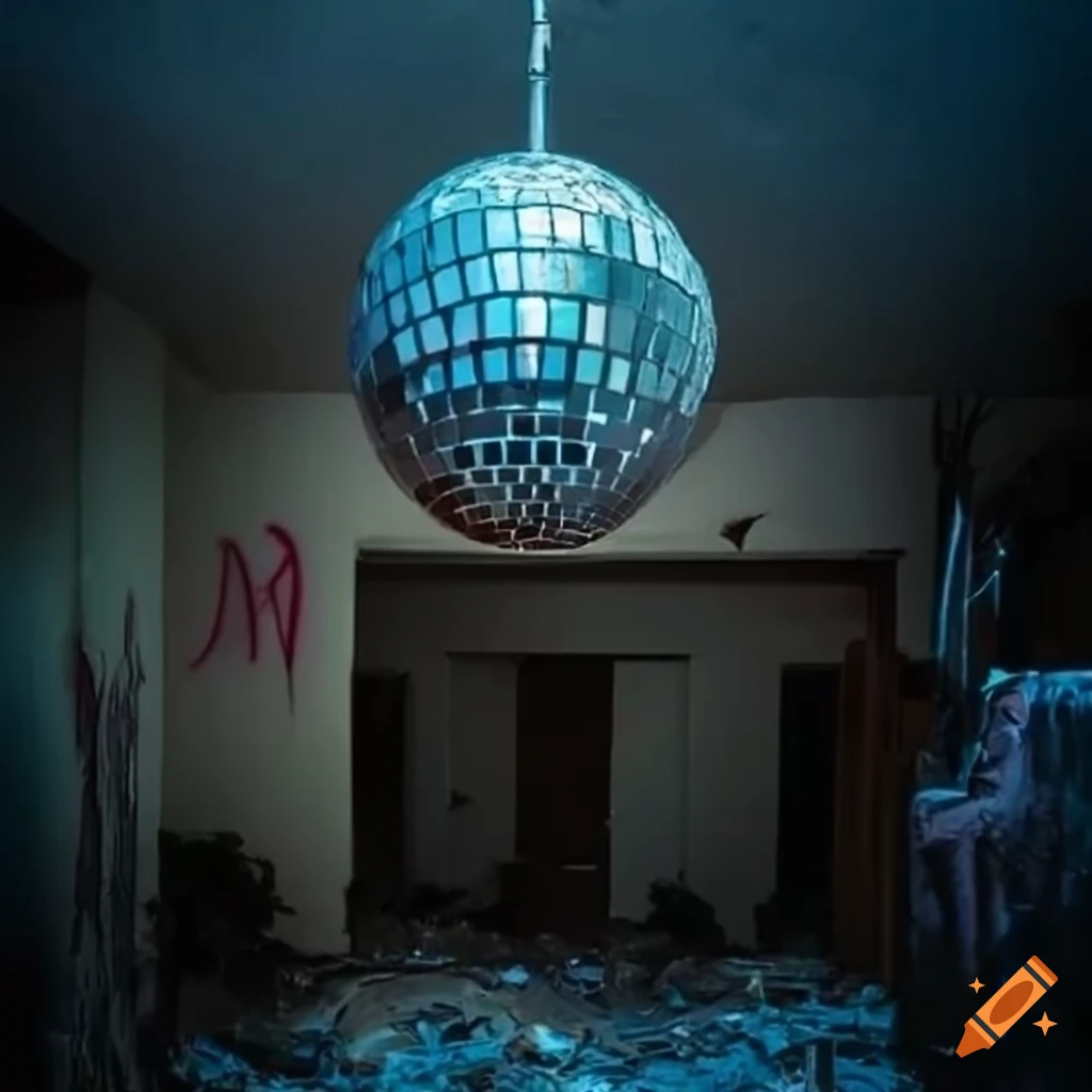 Farewell party aftermath with graffiti on walls and a disco ball ...