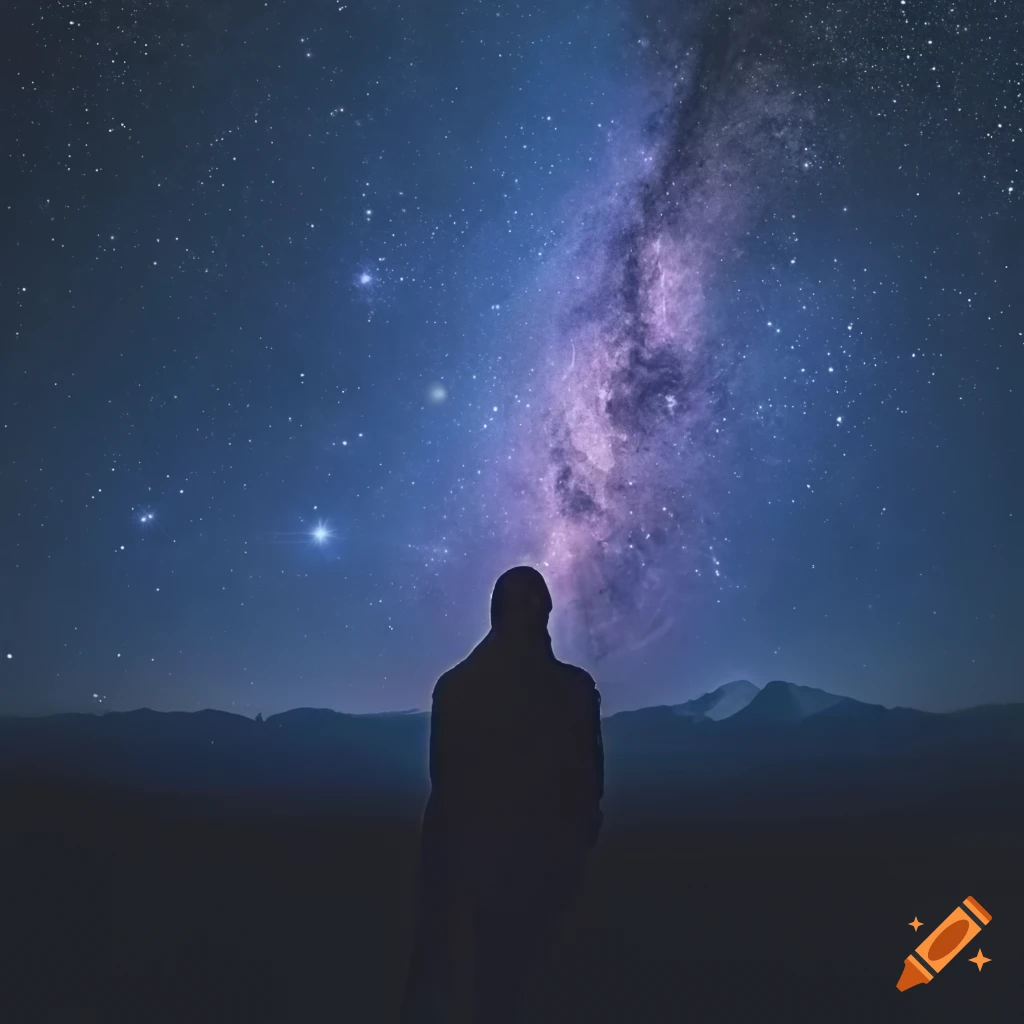 Human standing alone in the vast star-filled cosmos on Craiyon