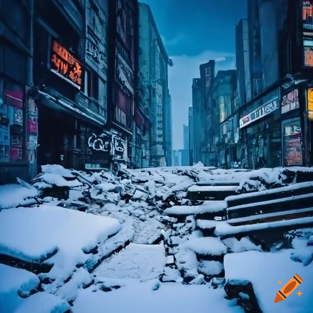 Snow-covered cyberpunk street with earthquake damage and sci-fi ...