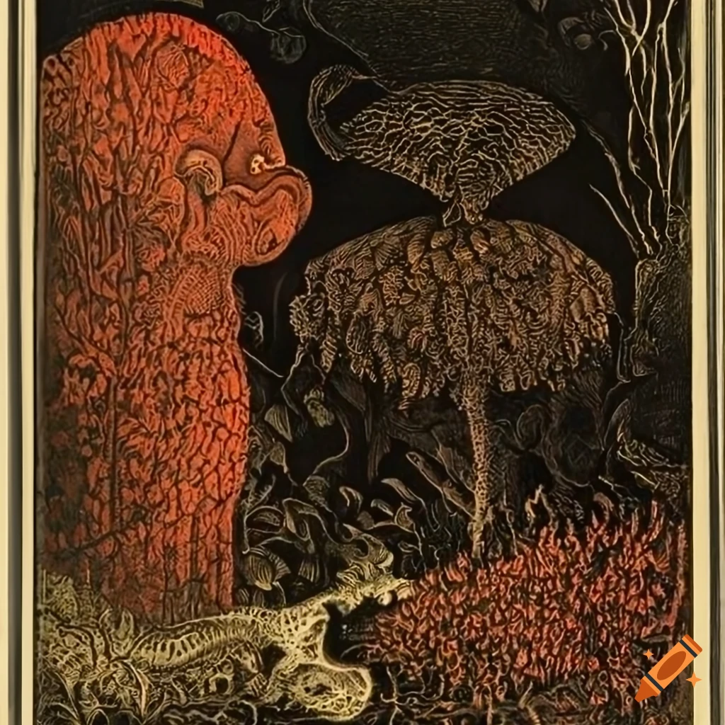 The garden of eden woodcut linoleum print with salish designs in 8k ...